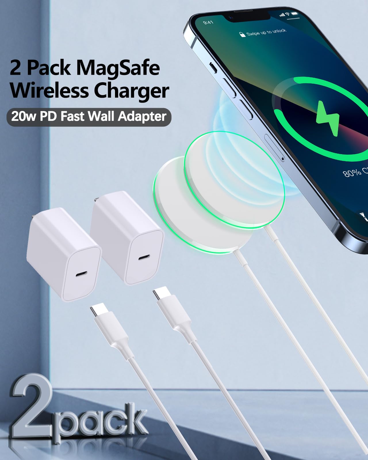 2 Pack Magnetic Wireless Charger 15W Apple Mag-Safe Charger with 20W Adapter for iPhone 15/14/13/12 Pro/Max/Plus/Mini and AirPods 3/2/Pro 2/Pro Wireless Charging Pad with 5ft Cable