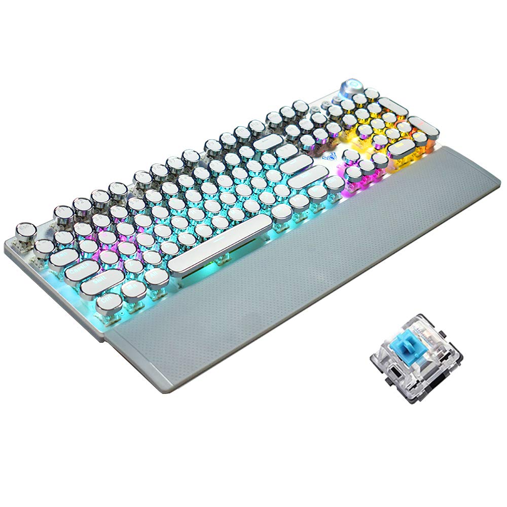 CHICHEN Mechanical Gaming Keyboard,USB Wired,Retro Steampunk Typewriter Keyboard Round Keycaps,Moveable Wrist Rest,for Laptop Desktop PC (Silver-Blue Switches)