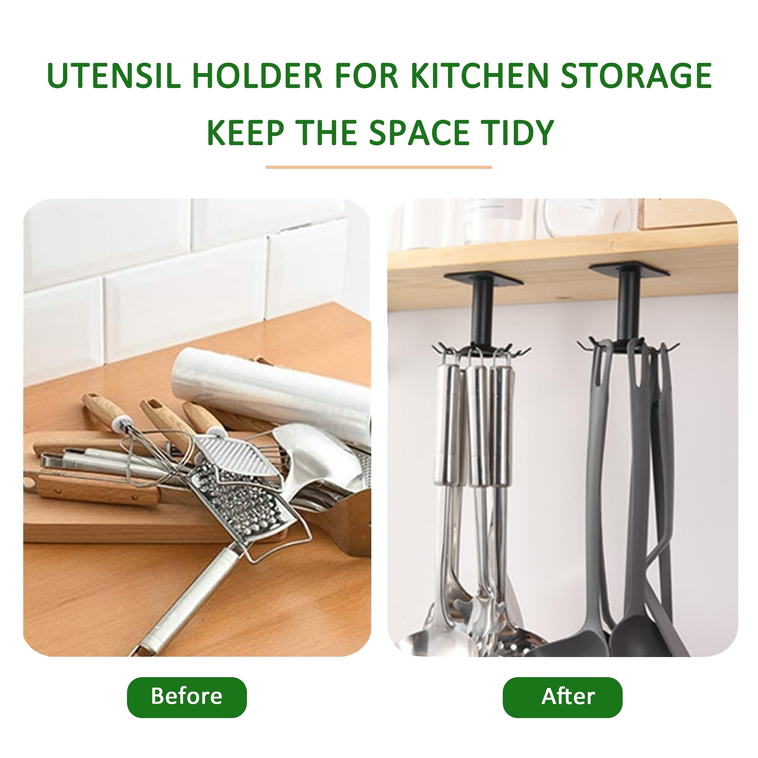 2PCS Utensil Under Cabinet Holder, Takemay 360° Rotating Stainless Steel Kitchen Utensil Holder with 8 Hooks,Top and Wall Mounted Utensil Hanger Rack for Hanging Utensils, Knives, Mugs, Spatulas, Pots