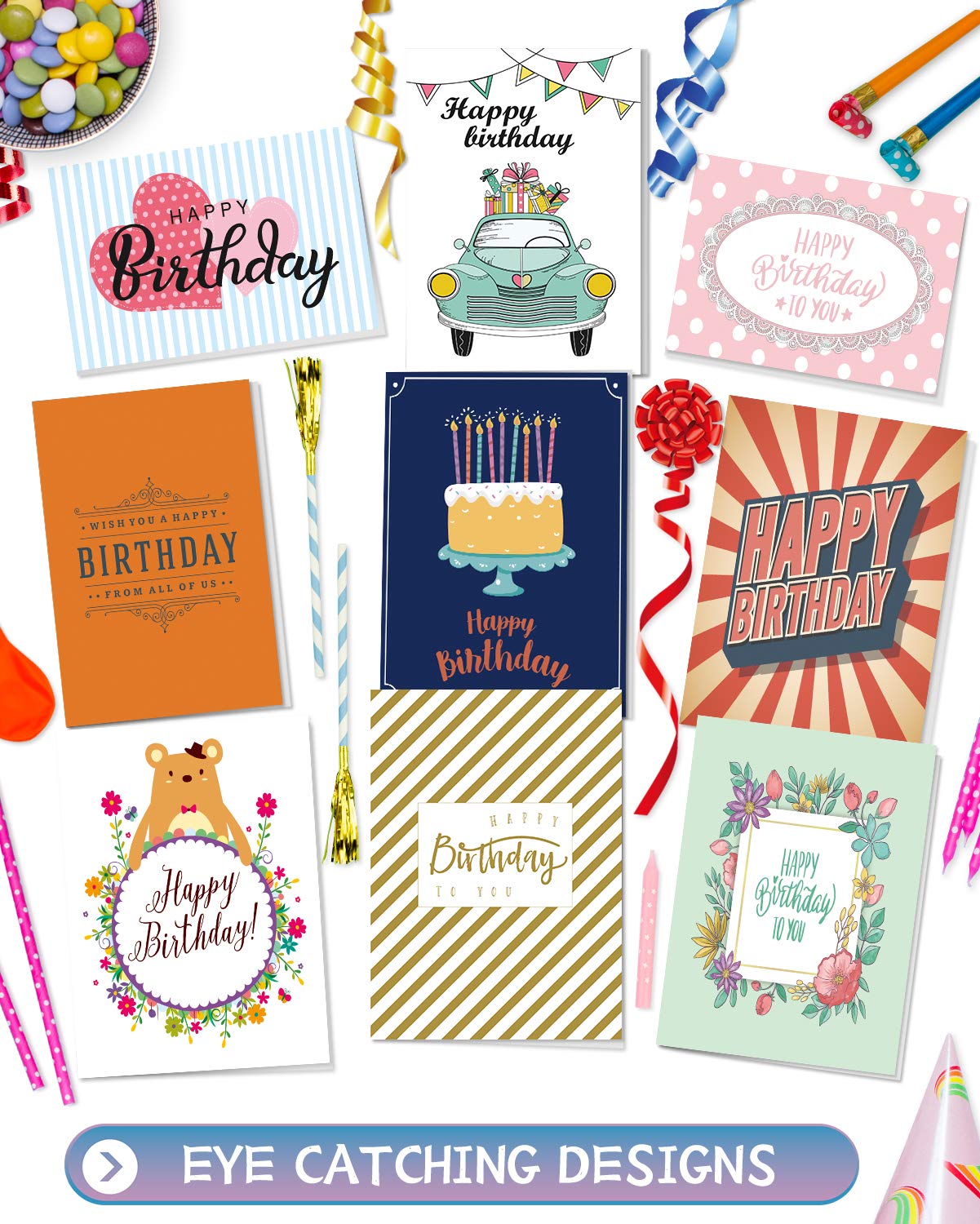 60 Unique Birthday Cards,Birthday Cards Bulk With Message Inside,5 x 7 inches Happy Birthday Cards Assortment,Assorted Birthday Cards With Envelopes and Stickers in Birthday Cards Bulk Boxed Set.