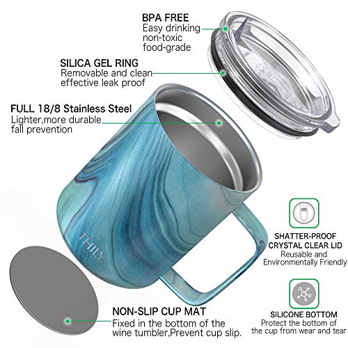 THILY Vacuum Insulated Travel Coffee Mug 12 oz Triple-Insulated Stainless Steel Coffee Cup with Handle, Spill-Proof Lid, Lightweight, Keeps Drinks Hot for Hours, Blue Swirl