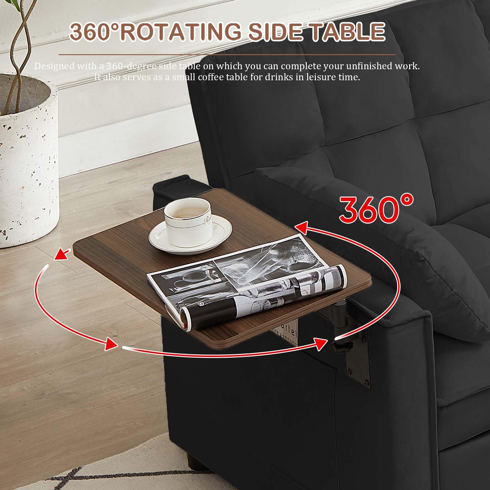 Antetek 3 in 1 Convertible Sofa Bed w/360° Rotating Side Table, 47" Modern Velvet Loveseat Sofa, Small Sleeper Pullout Bed w/Adjustable Backrest for Living Room Apartment, Office, Small Space, Black