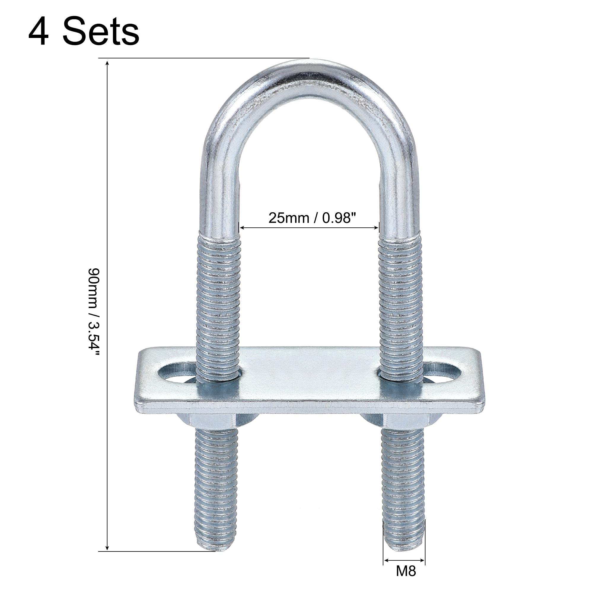 uxcell Round U-Bolts 4 Sets 0.98"(25mm) Inner Width 90mm Length Steel M8 with Nut, Plate