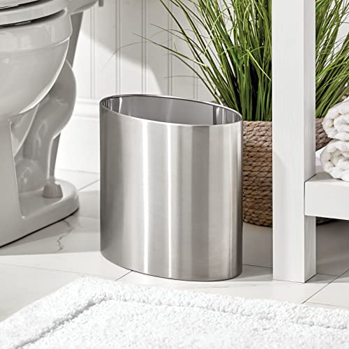 mDesign Stainless Steel Metal Oval Trash Can, Small 2.09 Gallon Wastebasket, Garbage Basket Bin for Bathroom, Bedroom, Kitchen, or Home Office, Holds Waste and Recycle, Mirri Collection, Brushed