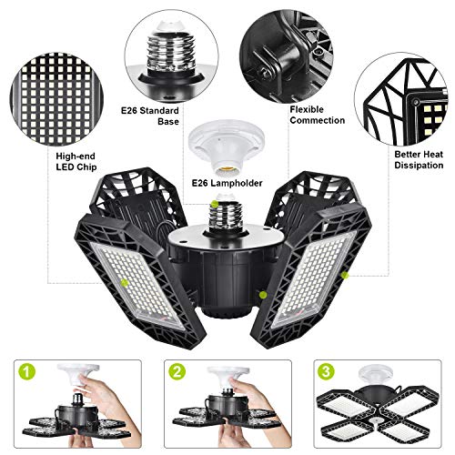 2 Pack LED Garage Lights, 120W Deformable LED Garage Ceiling Lights with 4 Adjustable Panels, 12000LM E26 LED Shop Lights for Garage, Basement, Barn, High Bay Light (120W)
