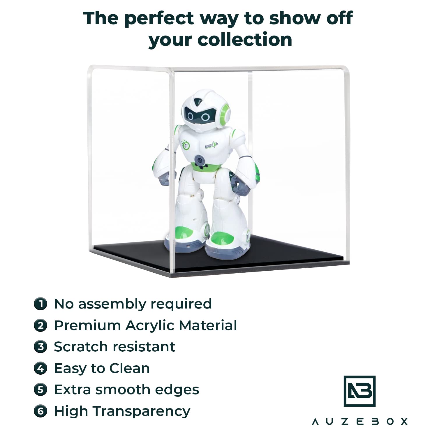 AUZEBOX Acrylic Display Case with Black Base- Highly Transparent, Dustproof and Clear Vision Lego Display Case for Action Figures, Legos, Trophy, Model Cars, and Any Toy Collectables 4x4x4 Inches
