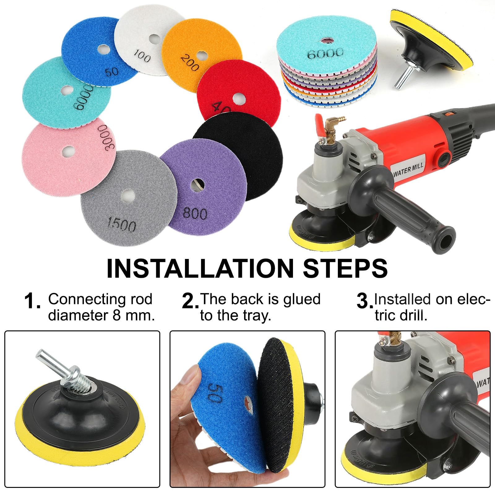 4 Inch Diamond Polishing Pads, 8Pcs Diamond Water Grinding Discs with Nylon Back Velvet 50/100/200/300/400/800/1500/3000 Grit with A Drill Adapter, Disc, Wool Disc for Granite Marble Concrete