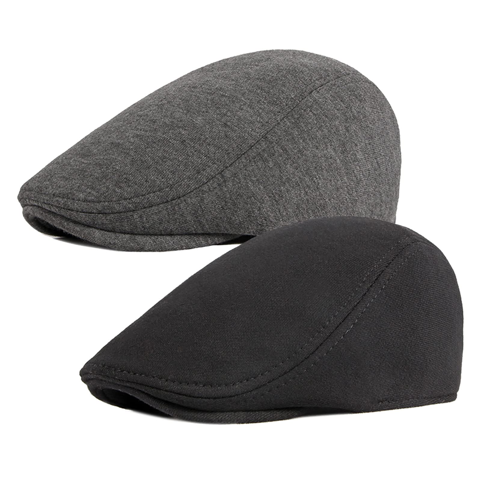 2 Pack Men Newsboy Hat Adjustable Cotton Gatsby Ivy Irish Cap Driving Hunting Golf Cabbie Caps Beret Hats (2 Pack- Black+Dark Grey-1)