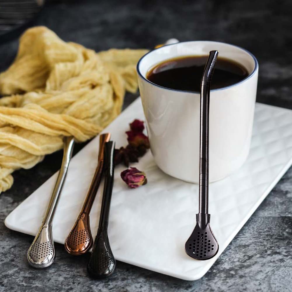 2Pcs Removable Stainless Steel Straw Filter Spoon with 2 Cleaning Brush, Yerba Mate Bombilla Straw, Reusable Metal Straw Spoon Cocktail Stirrer for Drinking Loose Tea, Ice Coffee, Black