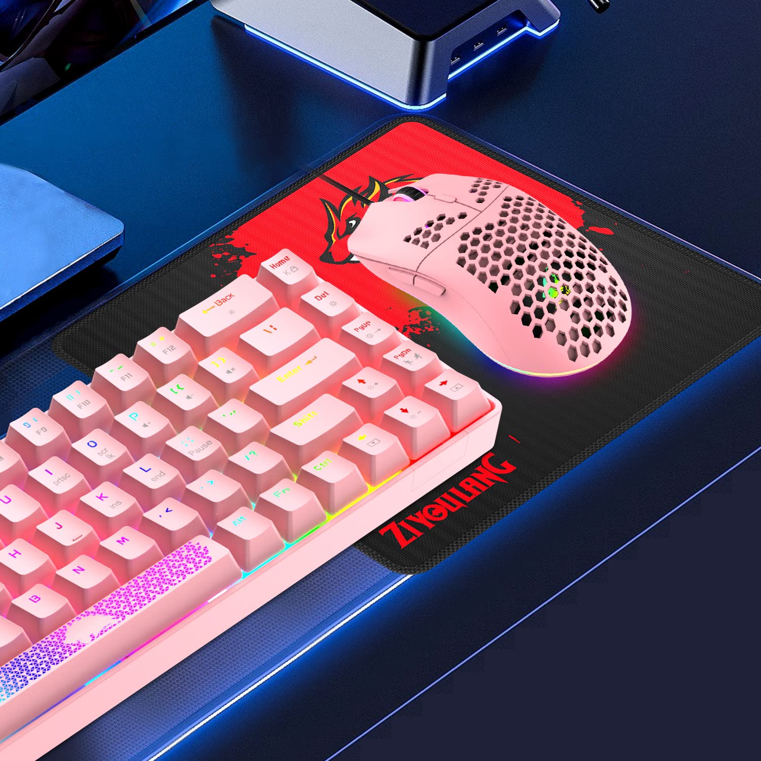 60% Ture Mechanical Gaming Keyboard and Mouse Combo Samll Mini RGB Chroma 68Key Keyboard, Detachable USB Type-C Cable,Lightweight 6400DPI Honeycomb Mouse Compatible with PS4,Xbox,PC,Laptop,MAC