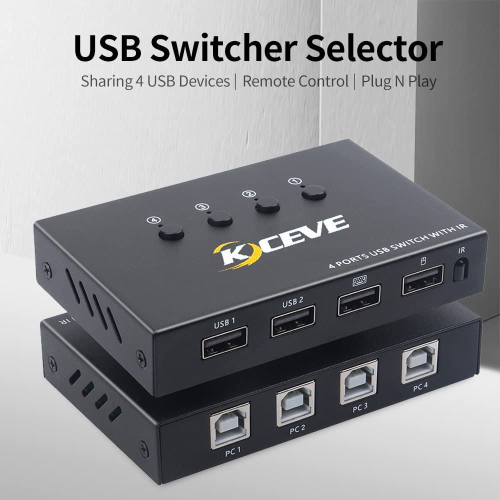 USB Switch Selector 4 Port, KCEVE 4 in 4 Out USB HUB Switch for 4 Computers Sharing 4 USB Devices for Mouse, Keyboard, Scanner, Printer, with Remote Control and 4 USB Cables