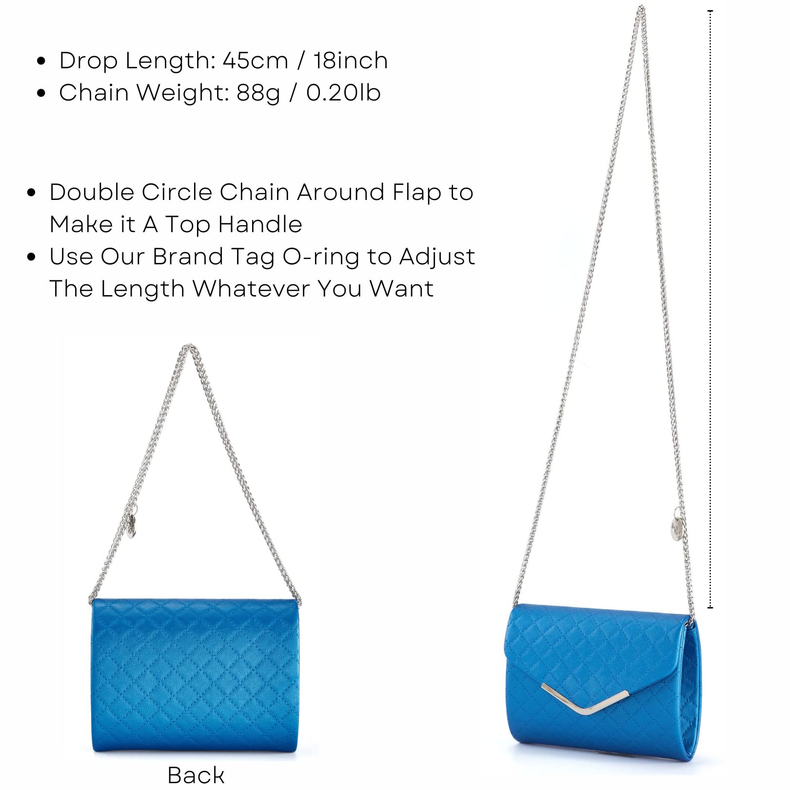 Ava&Lina Clutch Purse for Women, Silver Quilted Clutch, Adjustable Chain Quilted Crossbody (Royal Blue)