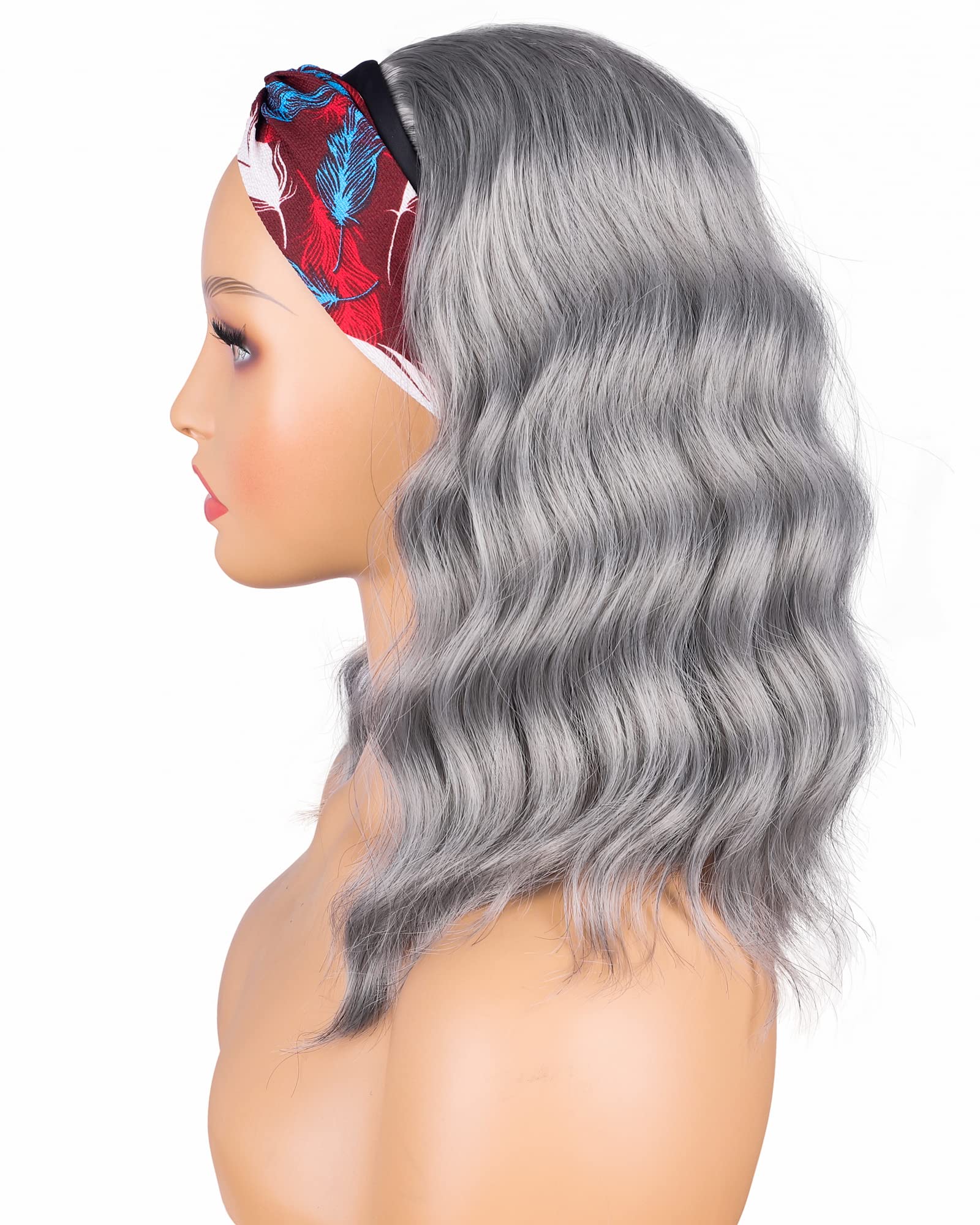 SYMEIW Silver Grey Wavy Headband Wig For Black Women Curly Half Wigs With Headband Attached Synthetic Wrap Wigs Turban Wigs For Women(Gray)…