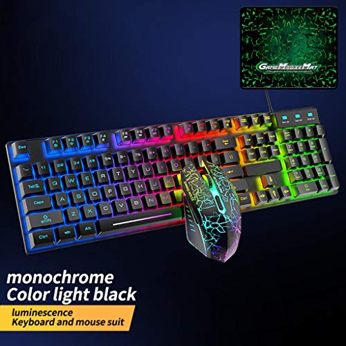 MAOSUO T6RGB Luminous Wired Gaming Keyboard and Mouse Set with Large Mouse Pad USB Colorful Backlit Easy-to-Operate Mechanical Feel Keyboard Accessories Kit for Laptop Computer Gamer Work