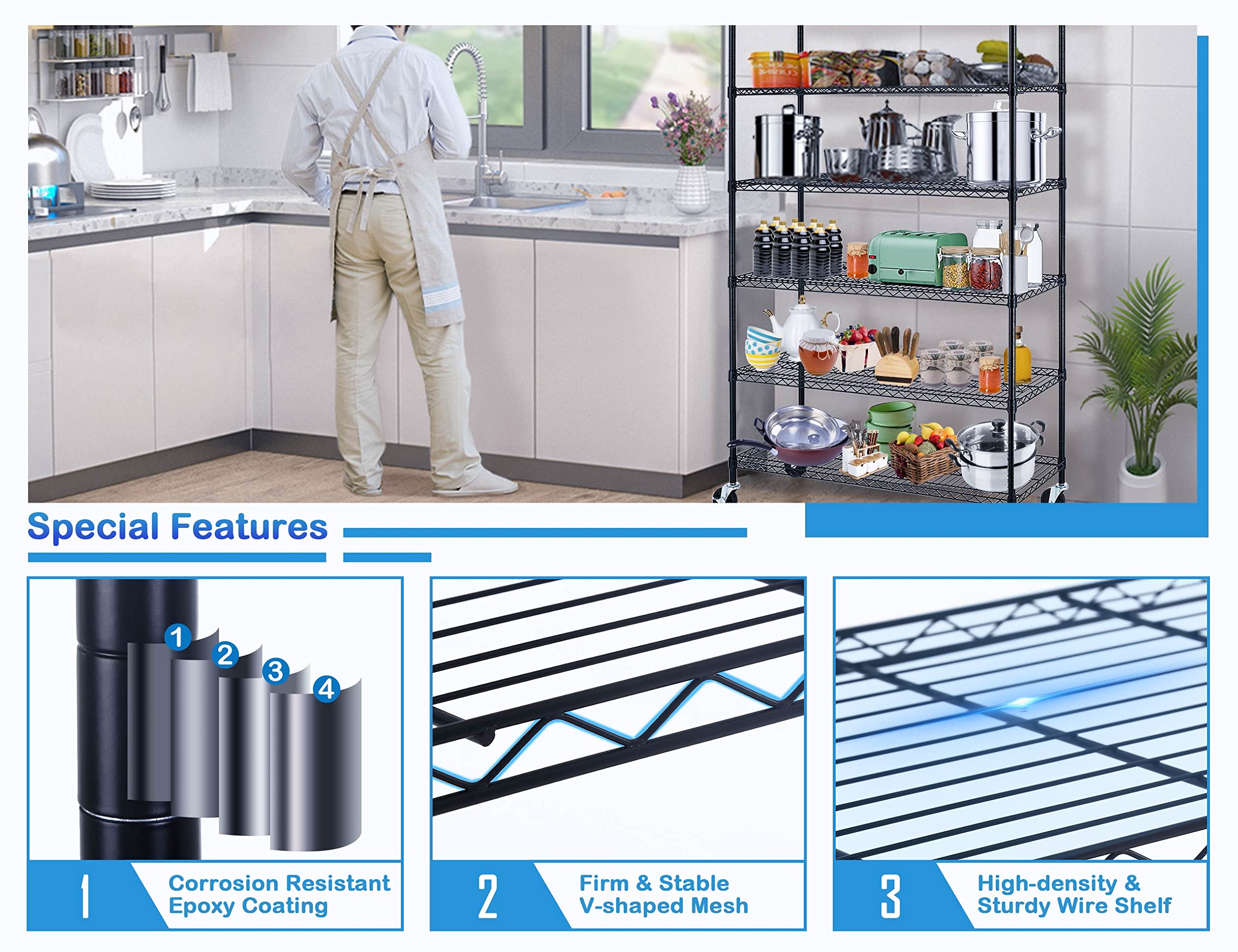 6000Lbs Capacity Storage Shelves, 6 Tier NSF Certified Heavy Duty Wire Shelving with Wheels, 48"Lx18"Wx78"H Adjustable Metal Shelving for Restaurant Pantry Kitchen, Storage Rack Utility Shelf