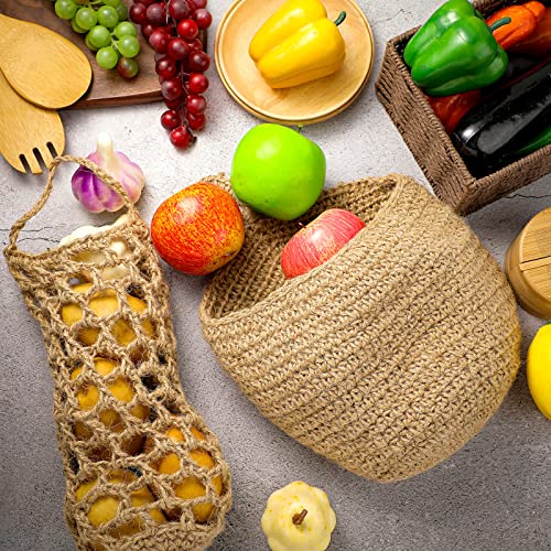 4 Pcs Jute Hanging Fruit Baskets for Kitchen Boho Hanging Wall Basket Handwoven Potato Garlic Onion Pantry Storage Baskets for Kitchen Wall Home Restaurant Vegetable Holder (Khaki, Classic Style)