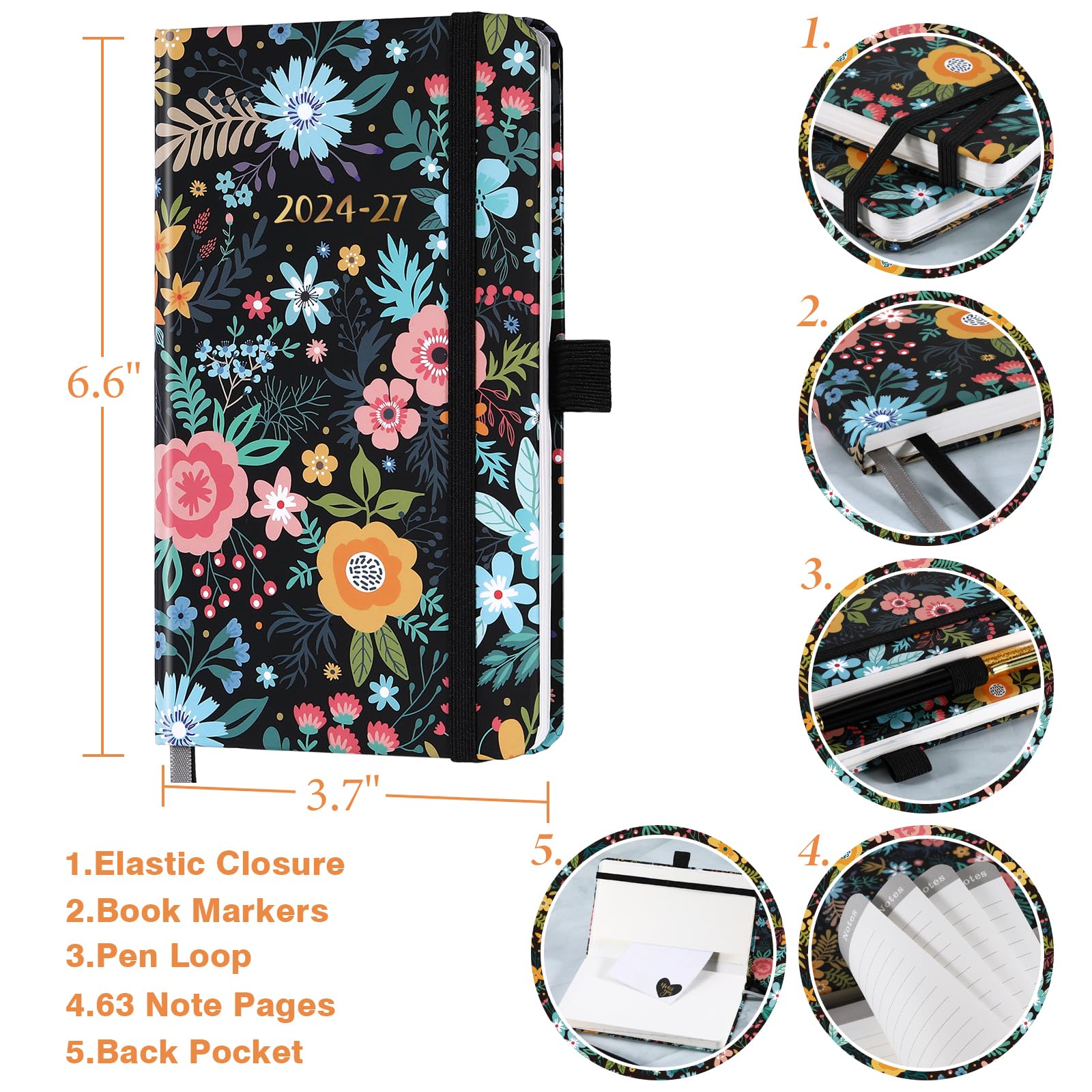 2024-2026 Pocket Calendar - Monthly Pocket Planner with Pen Hold, January 2024 - December 2026, 6.6" x 3.7", Inner Pocket and 63 Notes Pages - Mint Flower