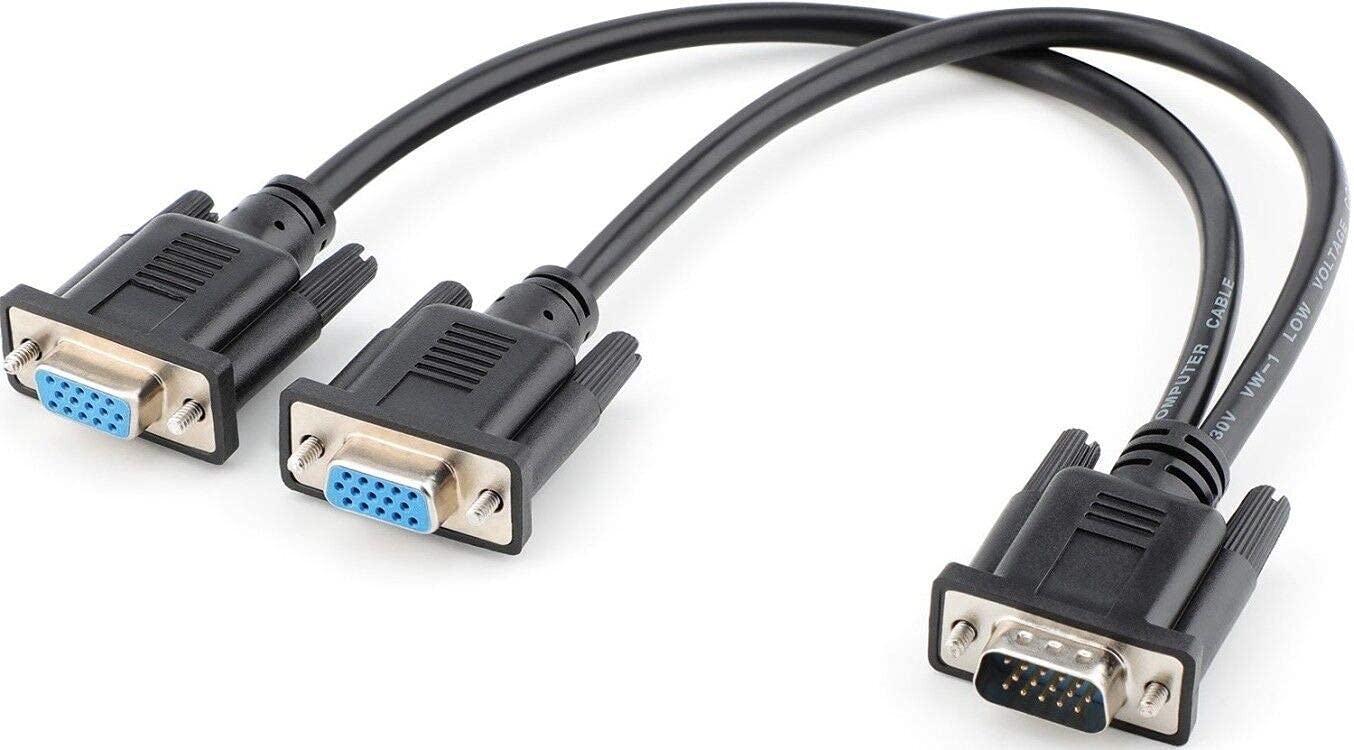 SAISN VGA Y Splitter Cable, VGA 1 Male to VGA 2 Female Adapter Cable Dual VGA Monitor Y Cable for Screen Duplication - 1 Feet, Black (No Screen Extension)