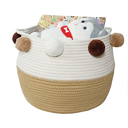 Cotton Rope Woven Round Baskets, Baby Shower Basket with Pom, Shelf Storage Basket, Baby Diaper Caddy Nursery Nappies Organizer, Blanket Laundry Basket Hamper Bin for Living Room