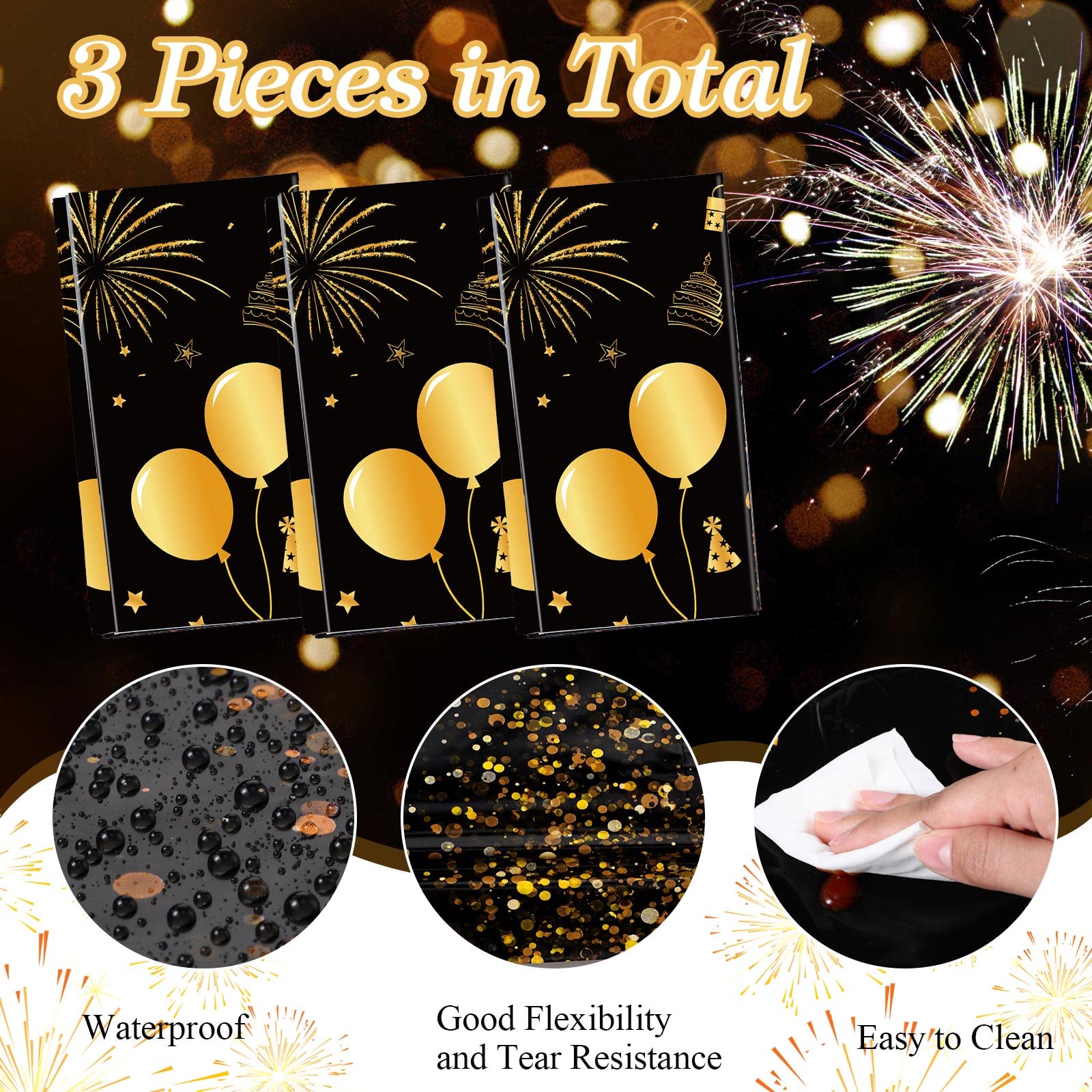 3 Pack 80th Birthday Decorations for Men 80th Birthday Tablecloth Disposable Plastic 80th Birthday Table Cover Rectangular Black and Gold Table Cloths for 80th Parties Decoration (80th)