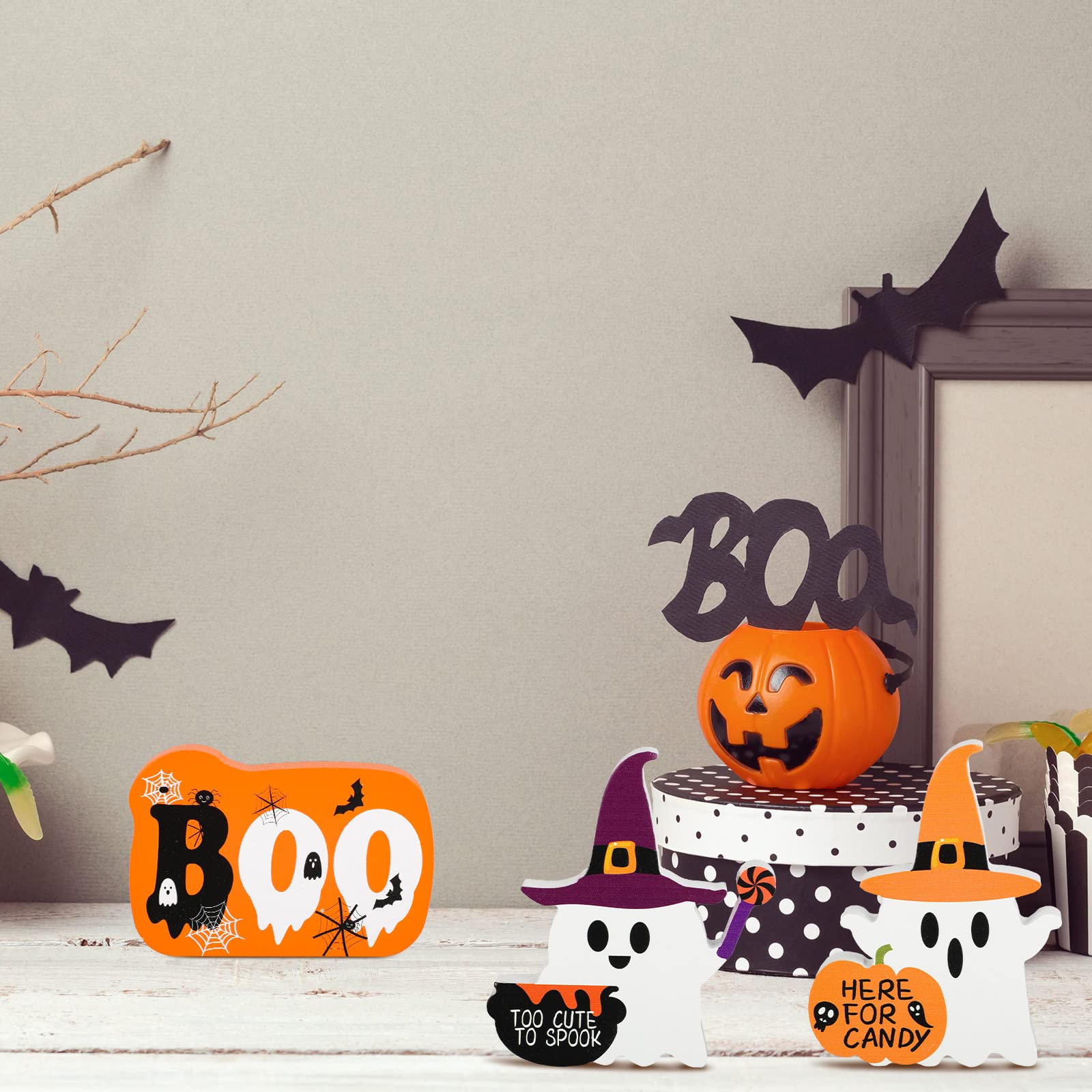4 Pieces Halloween Decor Halloween Tiered Tray Decorations Tabletop Wooden Ghost Theme Table Centerpieces Cute Decor Boo Halloween Blocks Spooky Sign Trick or Treat Candy Sign for Home Shelf Party