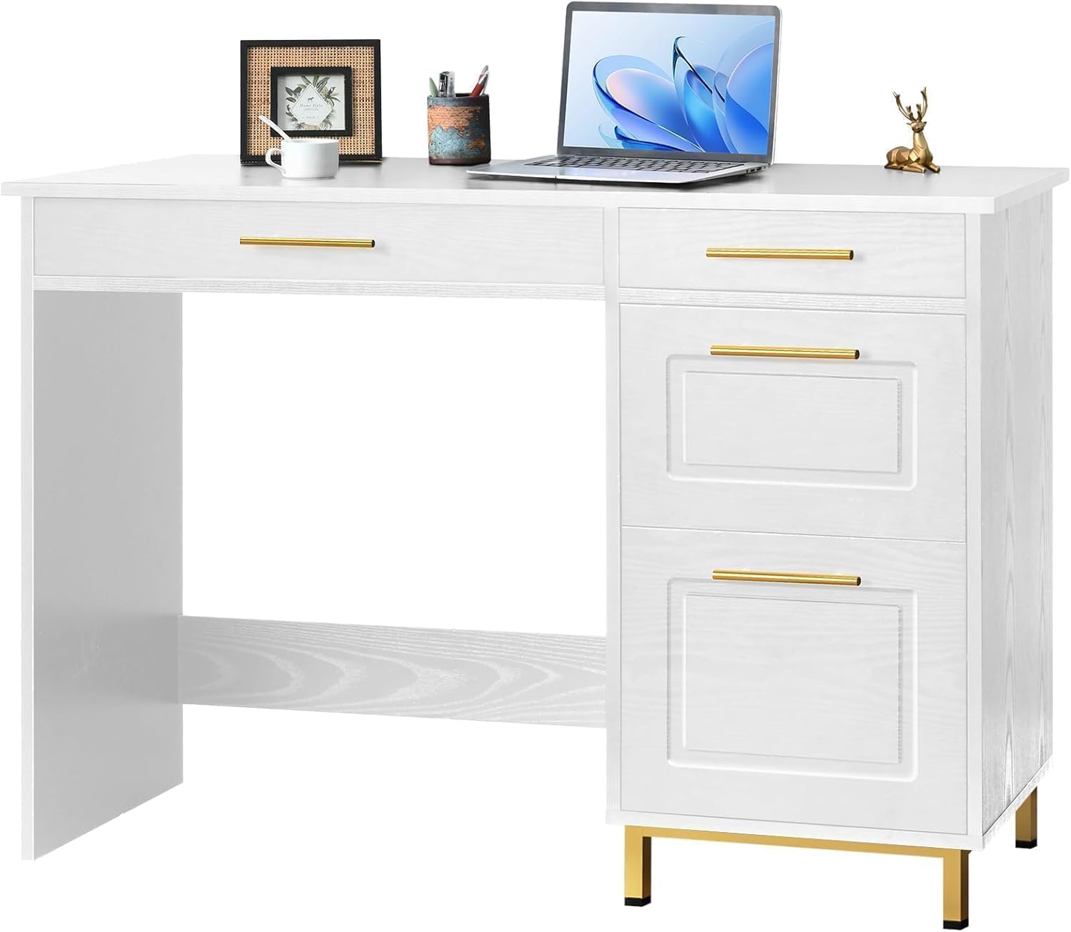 4 EVER WINNER Small Desk with Drawers and Golden Handles, 43" White Desk with Drawers, Wood Writing Study Table with Storage, White and Gold Desk for Small Spaces, White