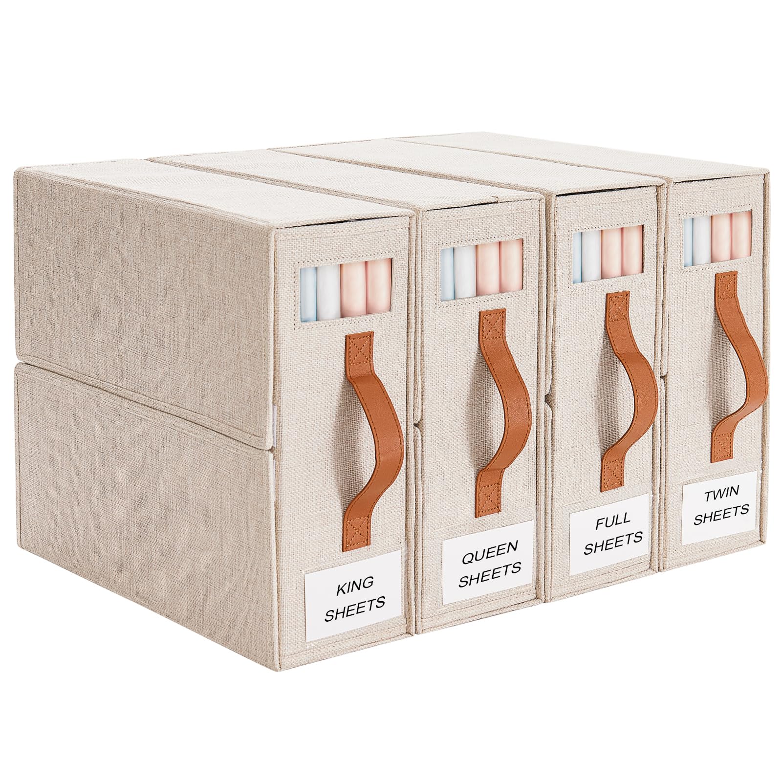 StarAneer Bed Sheet Organizer 4 Pack Bed Sheet Organizers and Storage; Foldable Sheet Organizer Linen Storage Box for Sheets with Windows (Queen & King Size) Sheets Organizer, Beige