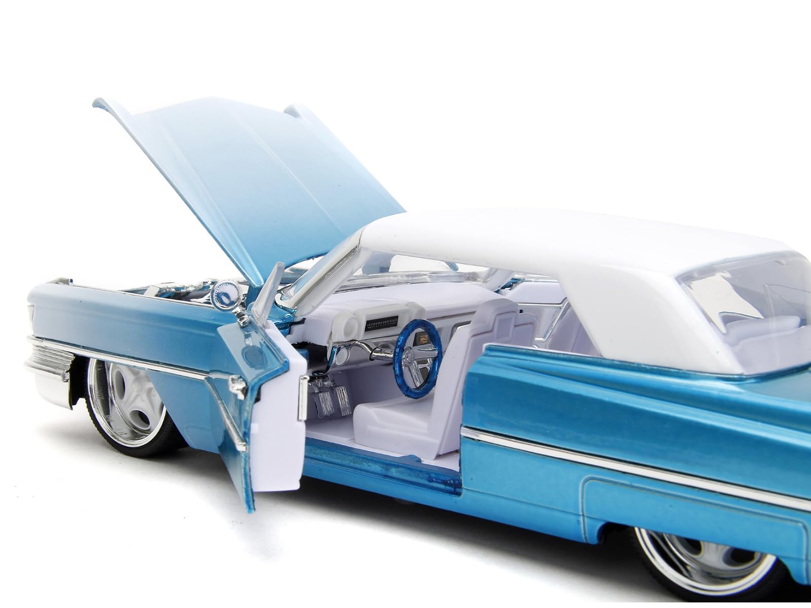 1963 Coupe DeVille Blue Metallic and White Gradient with White Top and Interior Pink Slips Series 1/24 Diecast Model Car by Jada 34897