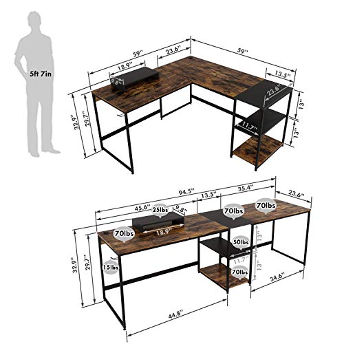 L-Shaped Desk for Home Office | Nost Host Corner Desks with Adjustable Side Shelf | Monitor Stand Headphone Hook Included Convertible Table | Modern-Style Industrial Desk | 94.5L
