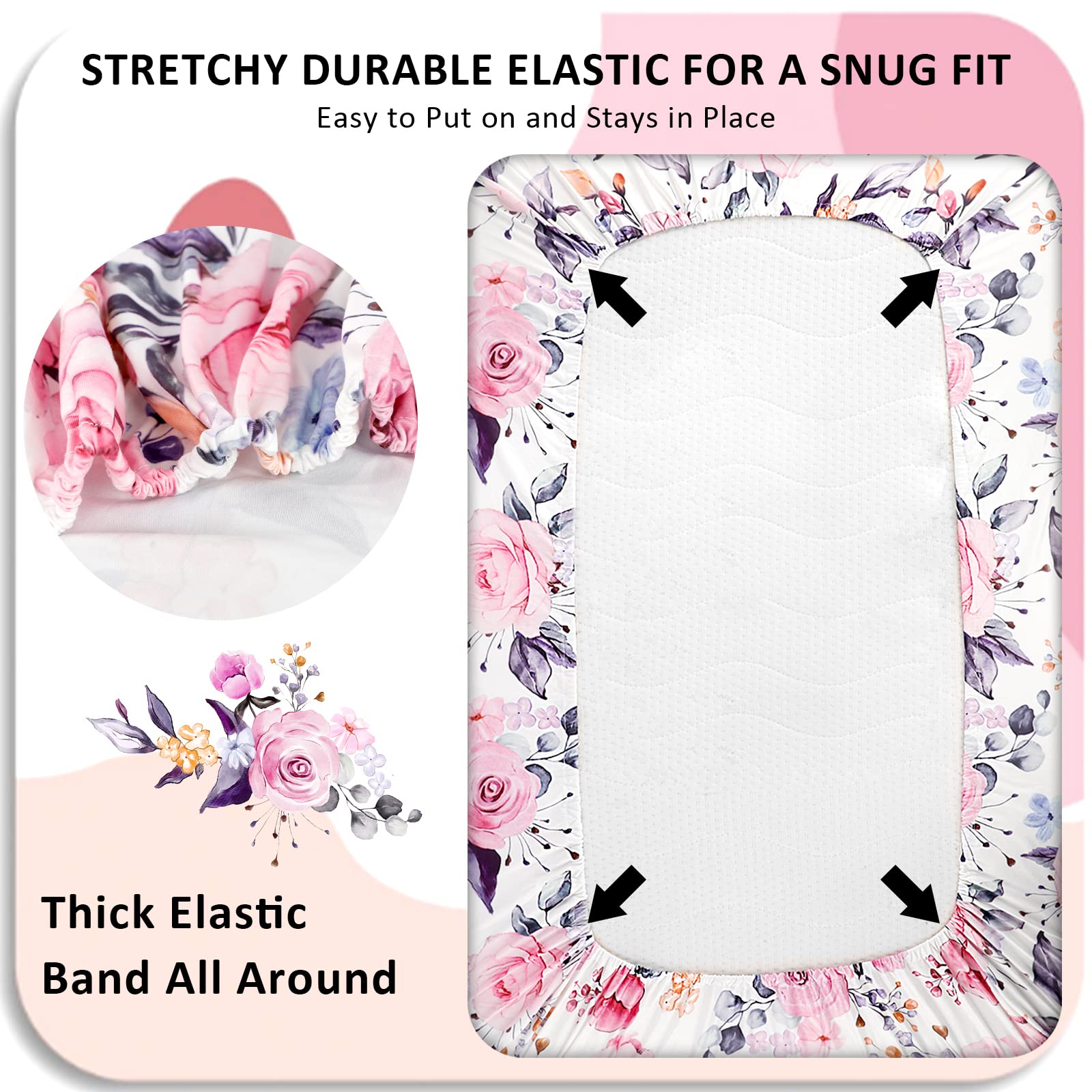 2 Pack of Floral Crib Sheets and Changing Pad Covers for Baby Girls Boys Universal Fit and Ultra Soft Stretchy Jersey Knit Fabric