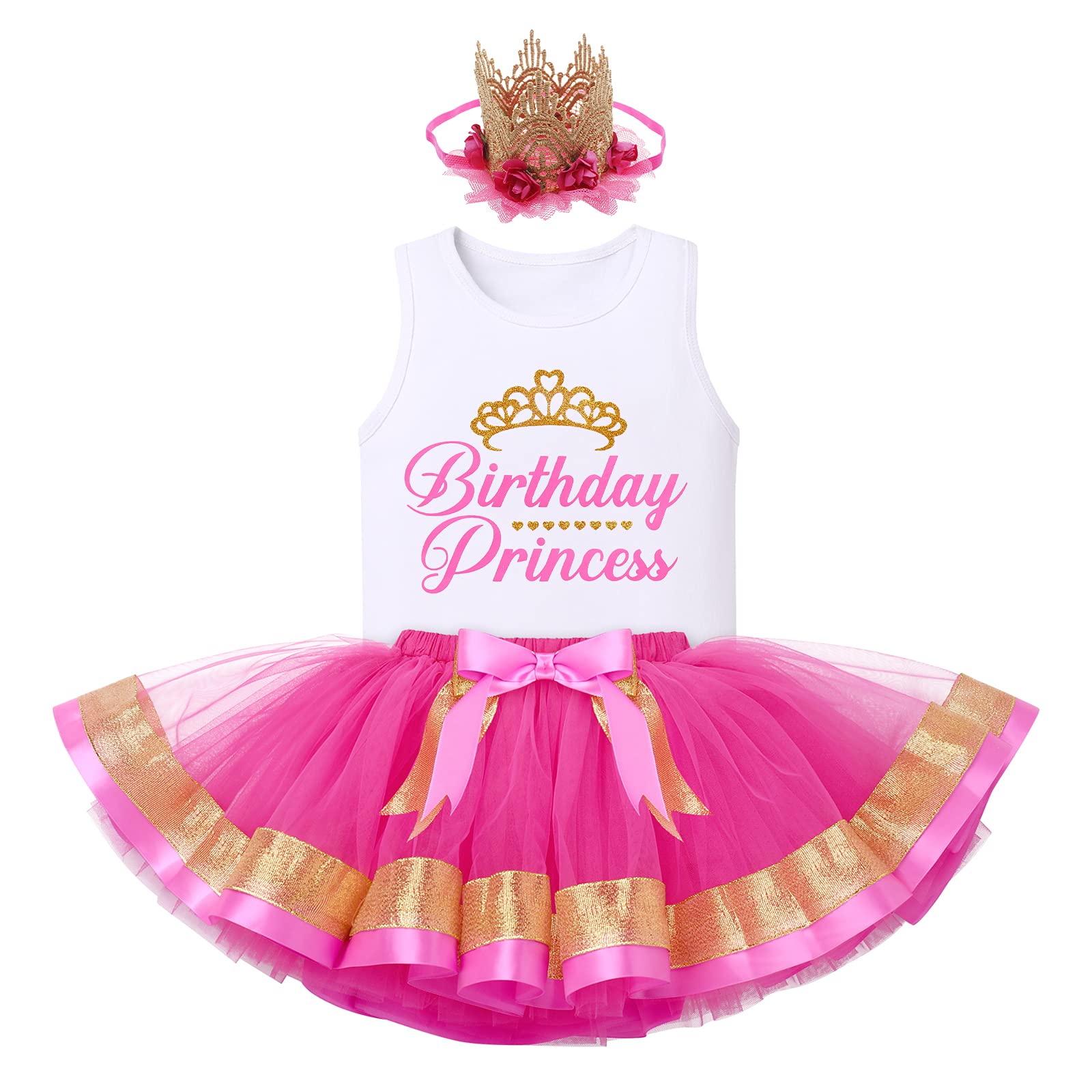 3rd 4th Birthday Outfit Baby Girls T-Shirt Top Vest Mini Tutu Skirt Crown Headband Three Four Years Cake Smash Photo Shoot Princess Kids Third Fourth Birthday Outfit Boho Party Hot Pink 3-4T