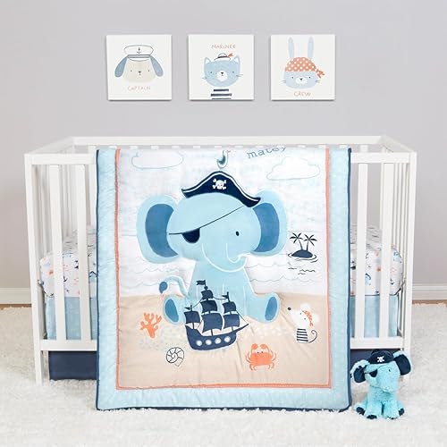 Sammy & Lou Ahoy Archie 4-Piece Baby Nursery Crib Bedding Set for Boys, Includes Quilt, Fitted Crib Sheet, Crib Skirt, and Plush Toy