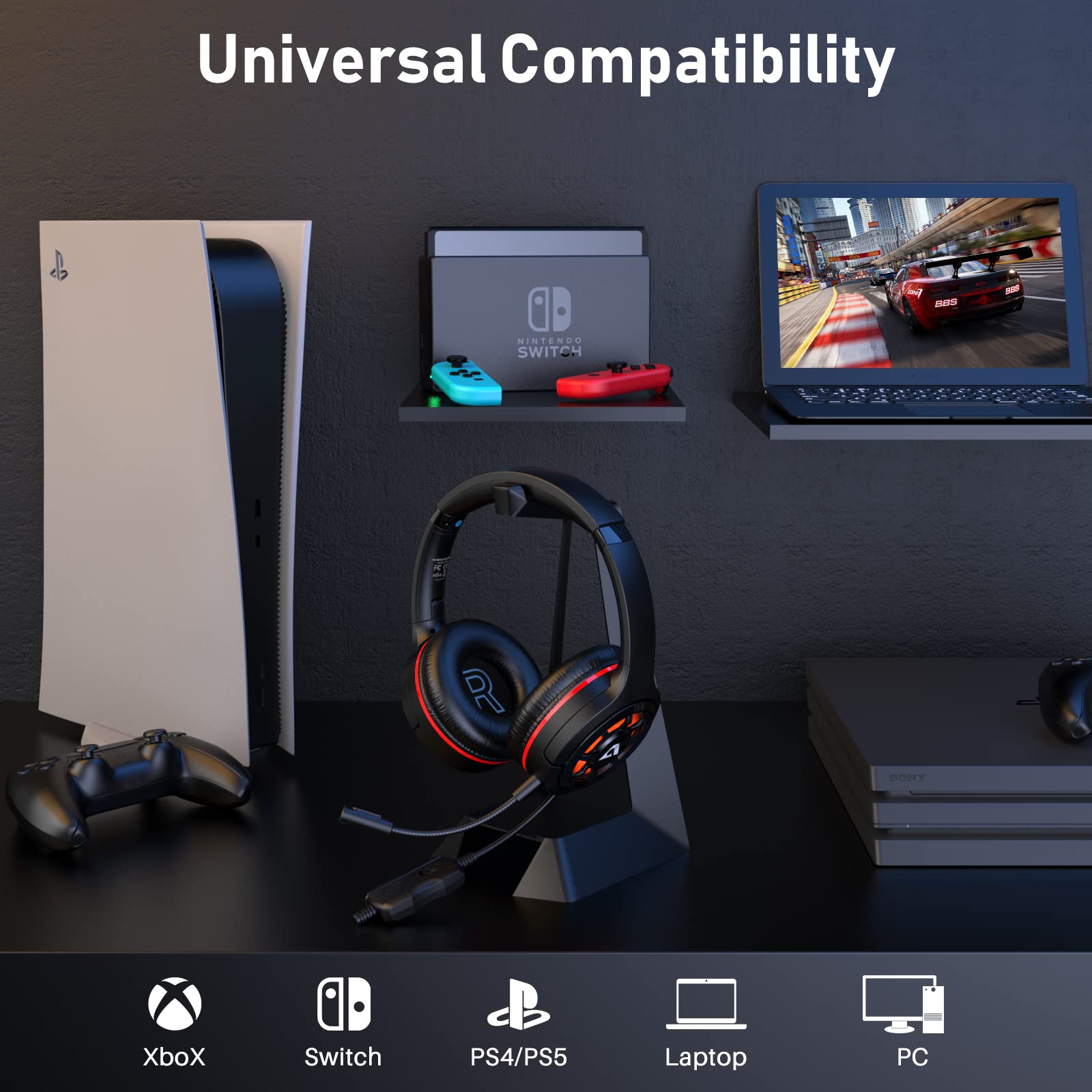 1Mii Ankbit USB Gaming Headset for PC Laptop PS4/PS5 w/Virtual 7.1 Stereo 3D Surround Sound, 50mm Drivers USB Gaming Headphones Detachable Mic, RGB LED Light, Volume Control PC Gaming Headset -EG03