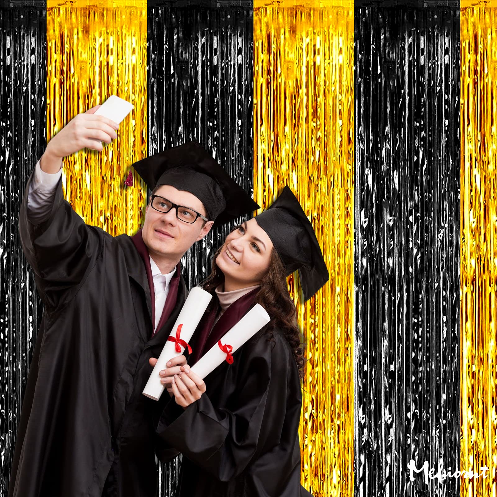 4 Pack 3.2Ft x 6.6Ft Black and Gold Fringe Curtain Backdrop, Metallic Tinsel Foil Fringe Streamers Curtains Background for Photo Booth Birthday Wedding Graduation Carnival Party Decorations
