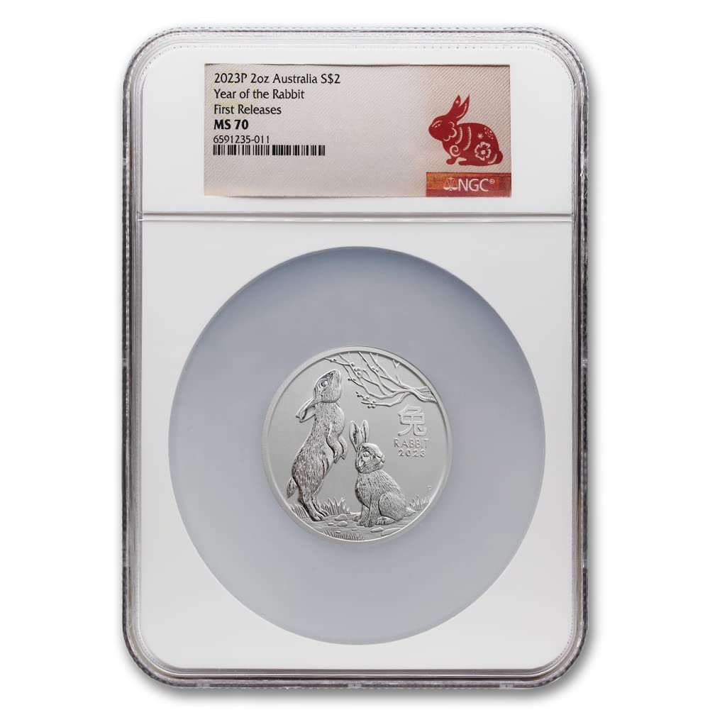 2023 P 2 oz Silver Australian Lunar Series III Year of the Rabbit Coin MS-70 (First Releases - Lunar Label) $2 NGC MS70