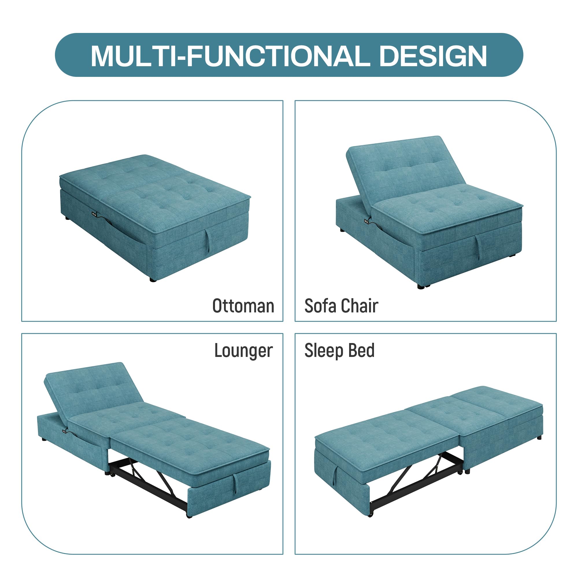 4 in-1 Sofa Chair Bed, Multi-Function Folding Ottoman Bed with Storage Pocket and USB Port for Small Room Apartment,Living Room,Bedroom,Hallway(Teal)
