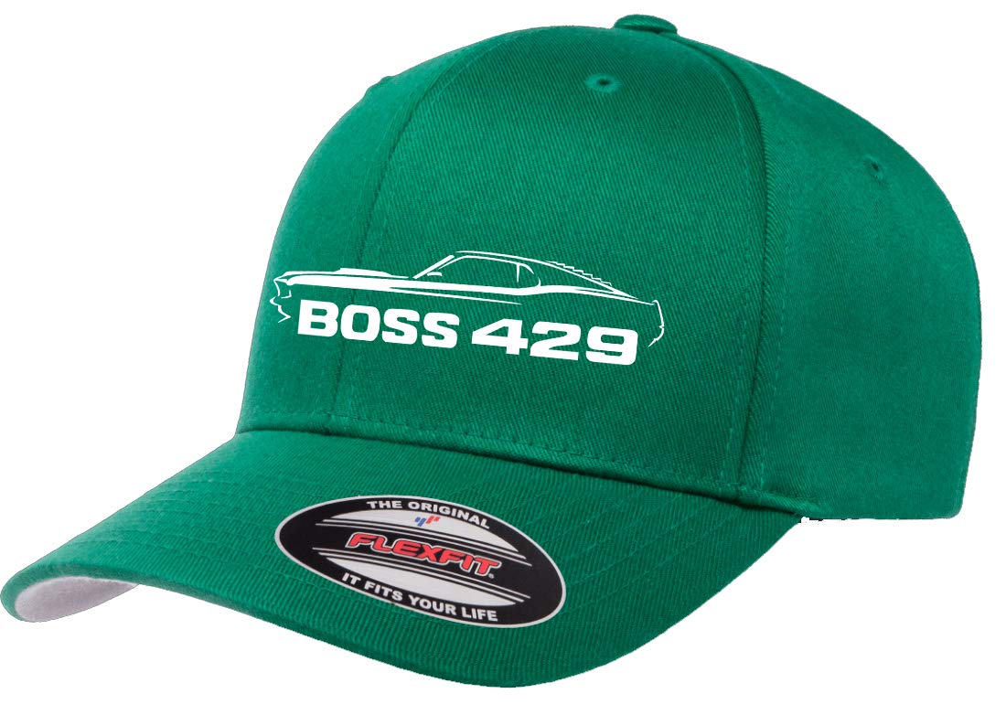 1969 Ford Boss 429 Mustang Outline Design Flexfit 6277 Athletic Fitted Hat Cap Pepper Green S/M