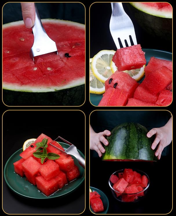 2-in-1 Stainless Steel Fruit Cutter, 2024 Upgrade Portable Watermelon Fork Slicer Cutter Melon Cube Cutter, Stainless Steel 2-in-1 Watermelon Fork Slicer, Dual Head Fruit Forks Slicer Knife (1 Pack)