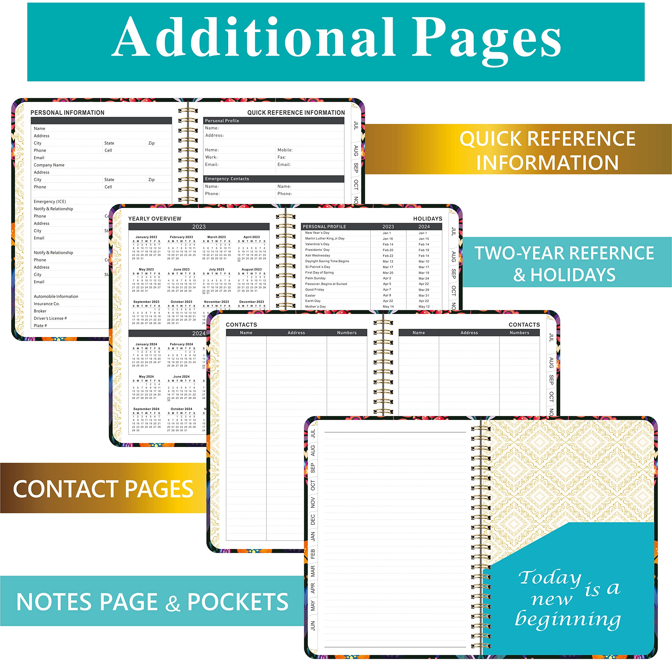 2023 Planner, Jul. 2023 – Jun. 2024, Academic Planner 2023-2024, 8.4" x 6.2" with Weekly & Monthly Spread, Spiral Planner Notebook, Elastic Closure, Inner Pocket, Coated Tabs, Floral