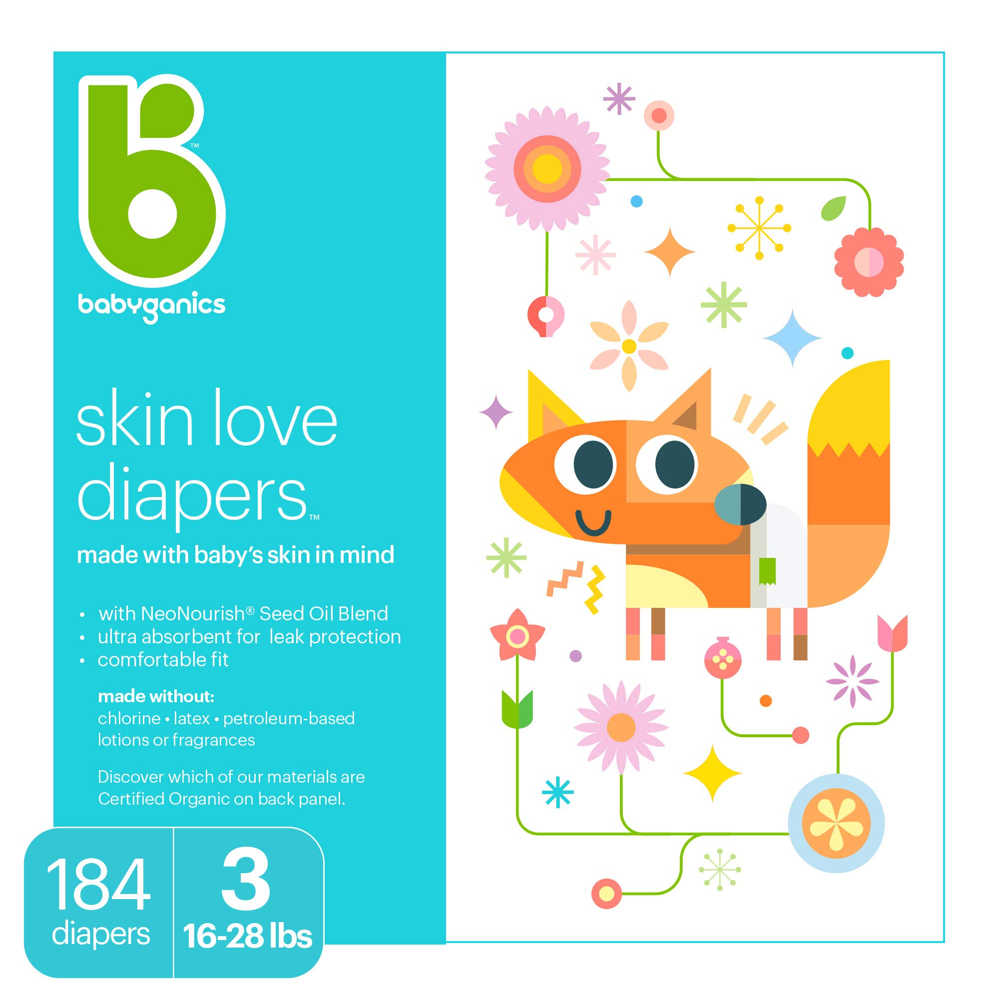 Babyganics Baby Diapers, Size 3 (16-28 lbs) 184 Count- Ultra Absorbent, Unscented, Made without Chlorine, Latex
