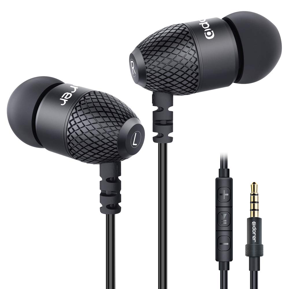Adorer Wired Earphones, EM10 Powerful Bass in Ear Headphones with Microphone and Volume Control, Noise Isolating Earphones - Black