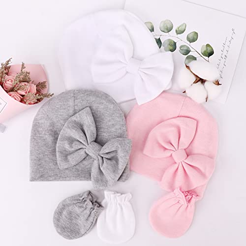 BQUBO Newborn Baby Hospital Hats Beanie Bow Infant Caps Baby Cotton No Scratch Mittens Set for 0-6 Months