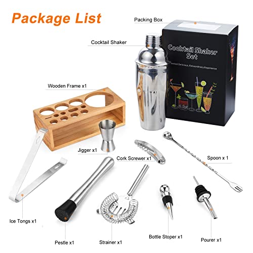 Cocktail Shaker Set Bartender Kit, NICEAO 10-Piece Bar Kit, 25oz Martini Shaker, Mixing Spoon, Double Jigger, Liquor Pourers, Muddler, Strainer and Ice Tongs, Professional Bar Set Tools