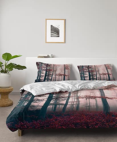 4 Piece Bedding Duvet Cover Set Aesthetic Forest Tree Red Leaves,Soft Bedspread Decorative Pillow Shams Microfiber Quilt Cover Nature Landscape,Washable Bed Sheet Comforter Set for Bedroom Hotel Twin