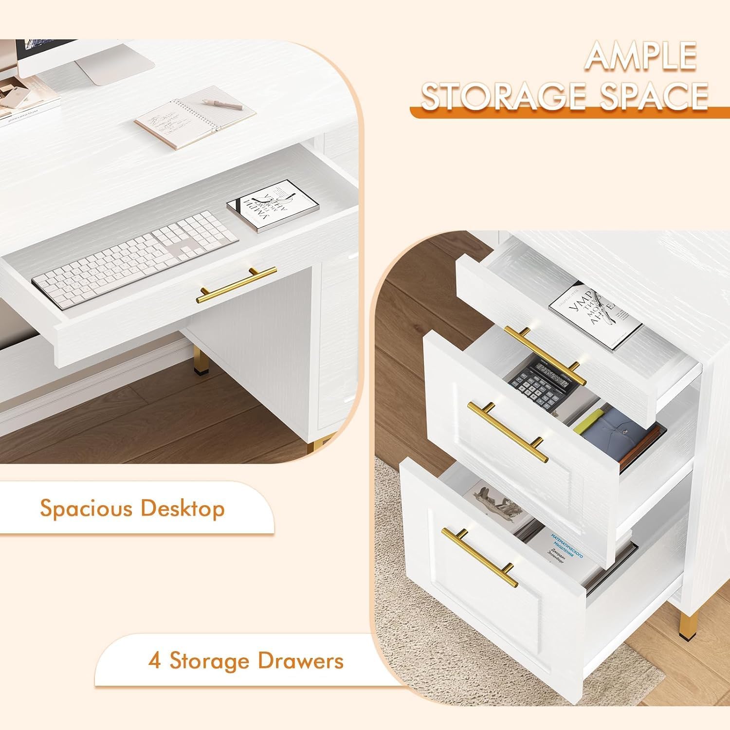 4 EVER WINNER White Desk with Drawers, 43β Home Office Small Desk with Drawers, Gold Hardware for Small Space, White and Gold Desk Writing Study Table for Bedroom