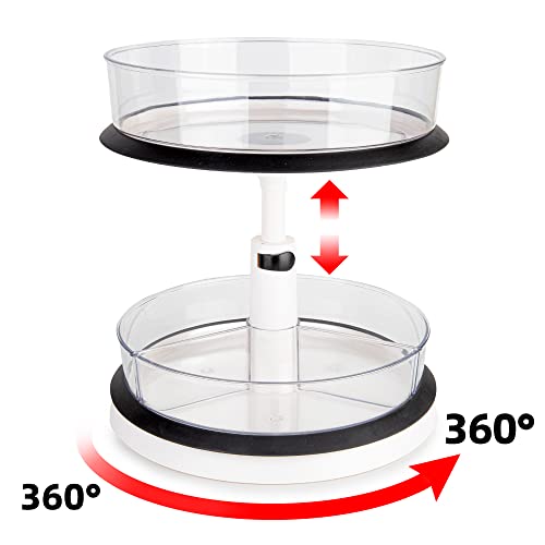 2-Tier Lazy Susan Turntable and Height Adjustable Cabinet Organizer with 1x Large Bin and 3 x Divided Bins, Removable, Clear Spice Rack