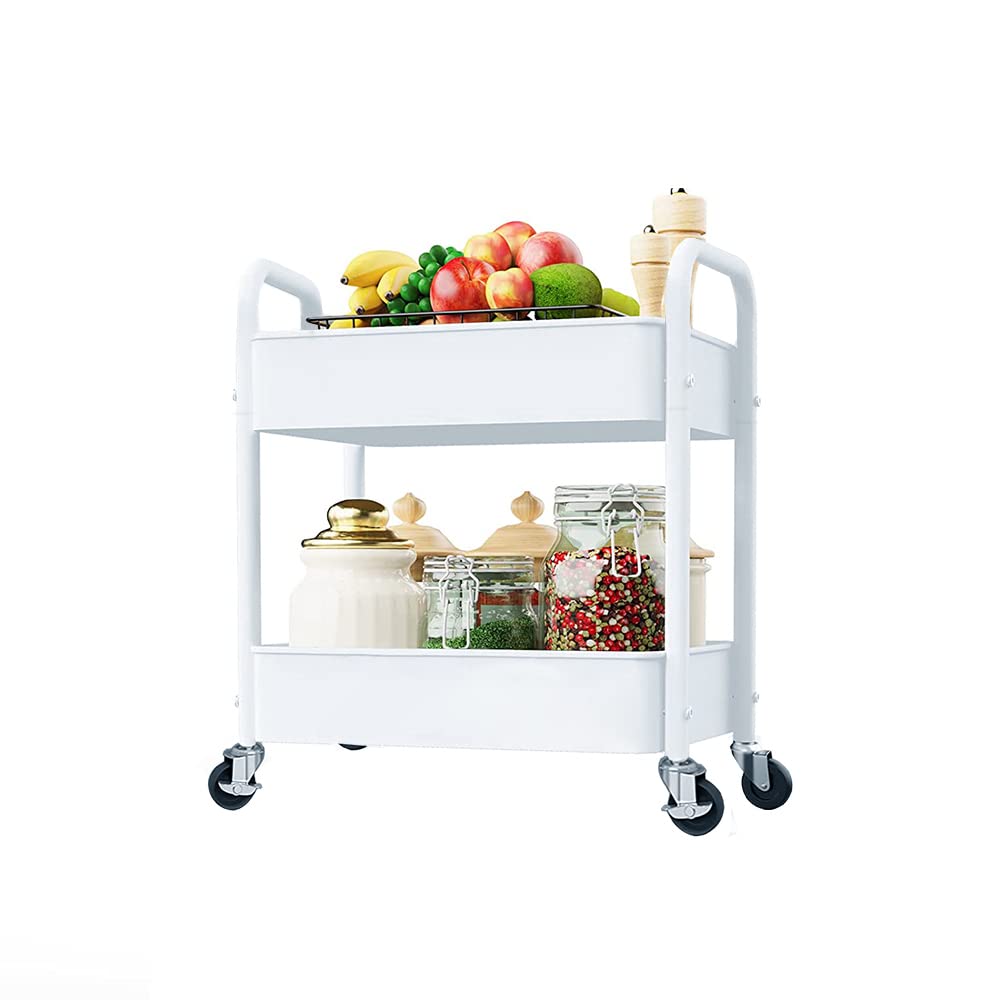 2-Tier Rolling Utility Cart with Handle,Mobile Metal Mesh Trolley with Wire Basket Shelving,Organizer Trolley with Lockable Wheels,Multifunctional Storage cart for Office Kitchen Bathroom,White