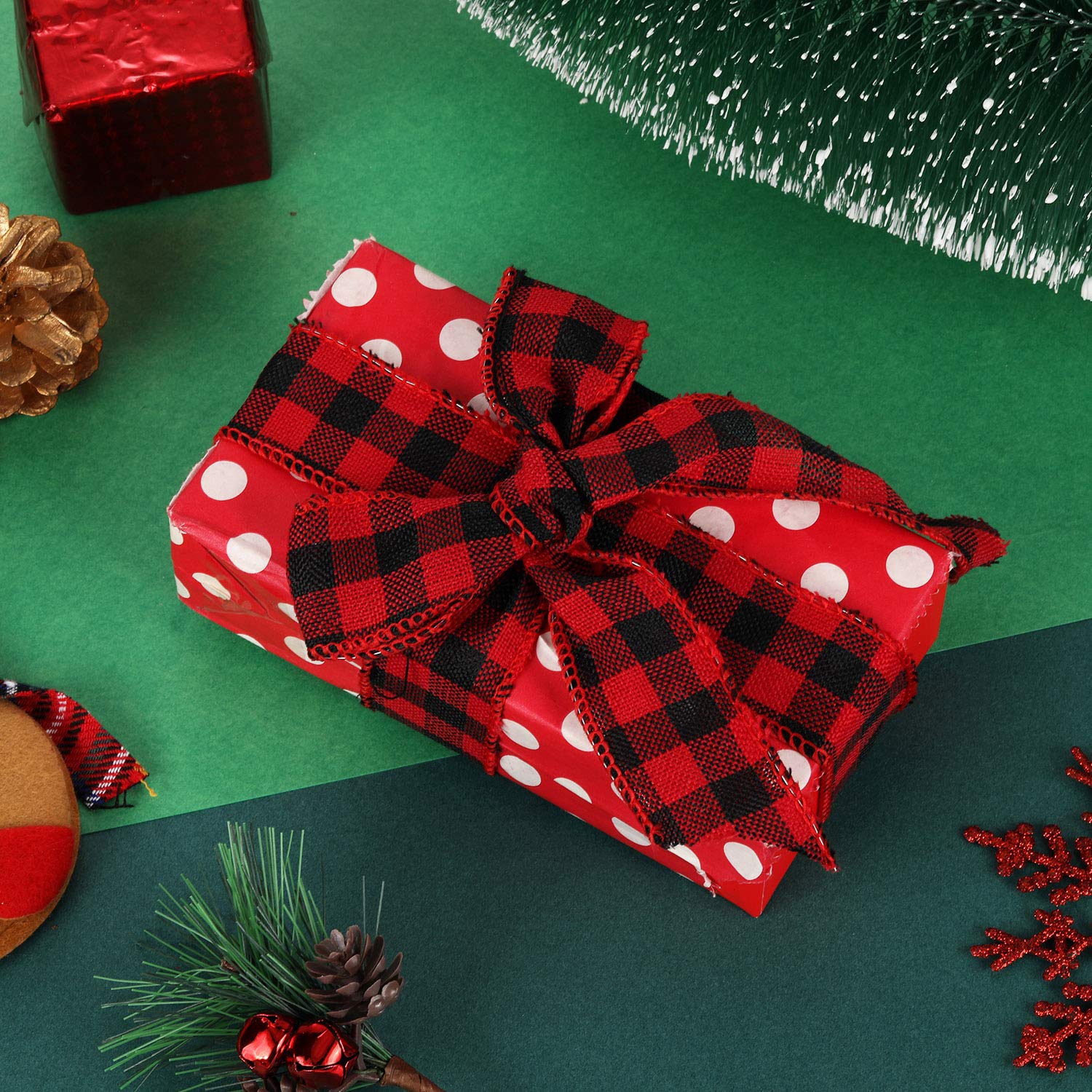 3 Rolls Buffalo Plaid Burlap Wired Ribbon Weave Ribbon with Wired Edge Bows Craft Decoration for Big Bow Wreath Tree Decoration Outdoor (Black and Red Plaid,2.4 Inches)