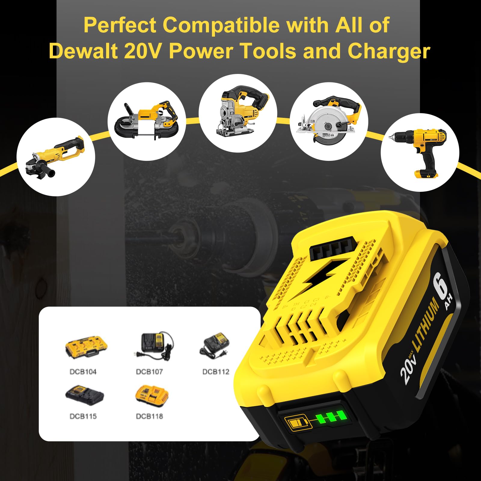 4Packs 6.0Ah Replacement for Dewalt 20v Max Battery Compatible with Dewalt 20 Volt Battery Lithium Compatible with Dewalt Battery 20v DCB201 DCB203 DCB207 DCB205 DCB204 DCB206 Cordless Tools (Yellow)
