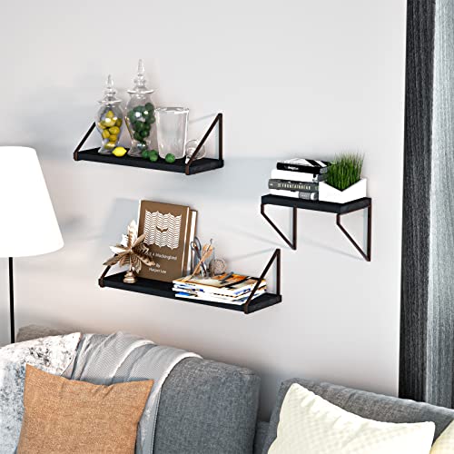 Love-KANKEI Floating Shelves Rustic Shelves Wall Mounted Set of 3 Wall Storage Shelves for Living Room, Bedroom, Kitchen Black/Brown Brackets